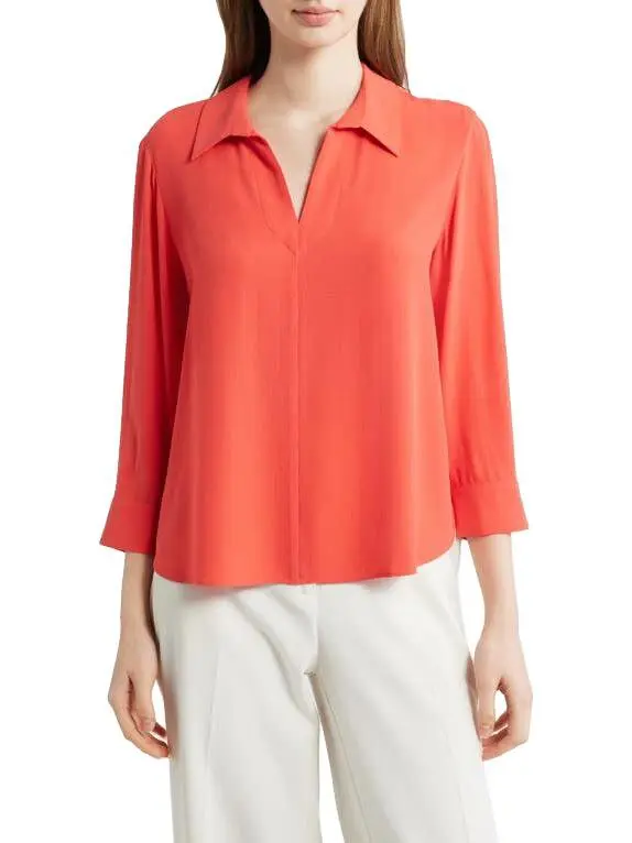 Eileen Fisher Split Neck Silk Georgette Top - Watermelon