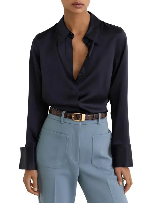 REISS Ameira Silk Satin Button-up Shirt - Navy