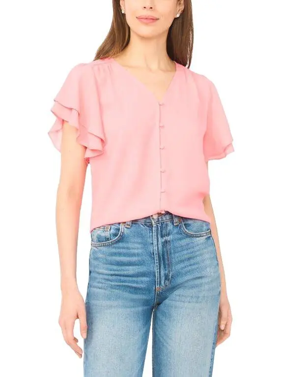 CECE DUPRAZ Flutter Sleeve V-neck Top - Coral Bloom