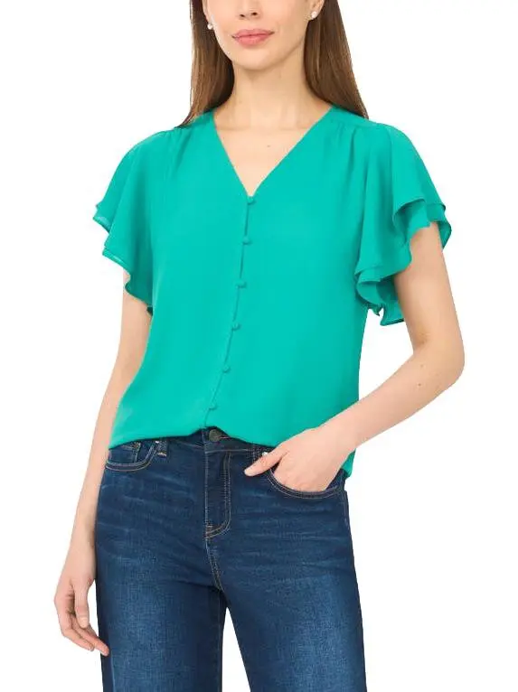 CECE DUPRAZ Flutter Sleeve V-neck Top - Everglade