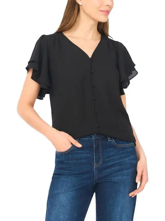 CECE DUPRAZ Flutter Sleeve V-neck Top - Rich Black