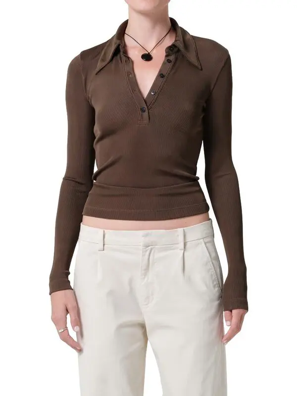Citizens Of Humanity Shaea Long Sleeve Rib Polo - Cocoa Medium Brown