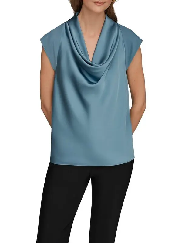 Donna Karan New York Satin Front Cowl Neck Top - Washed Indigo