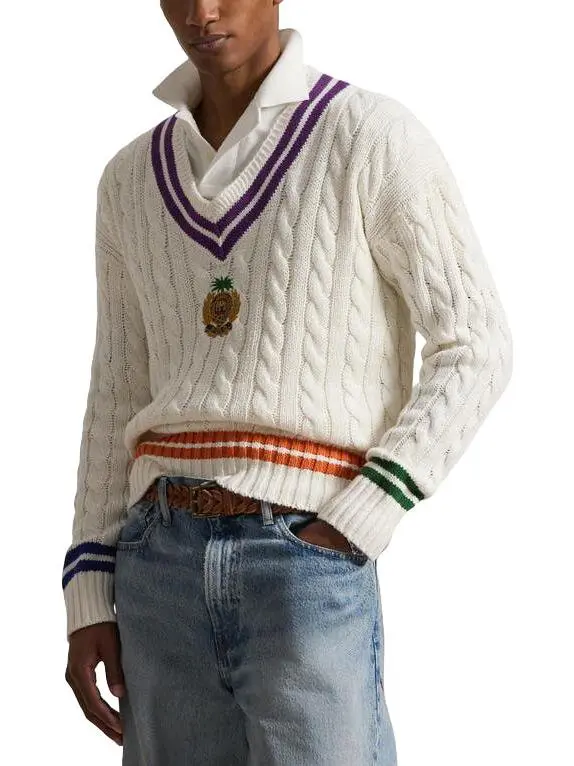 Polo Ralph Lauren Embroidered Cricket Cotton & Linen V-neck Sweater - Cream Combo