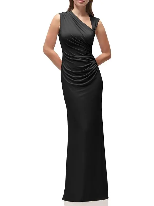 After Six Ruched Asymmetric Neck Satin Gown - Black