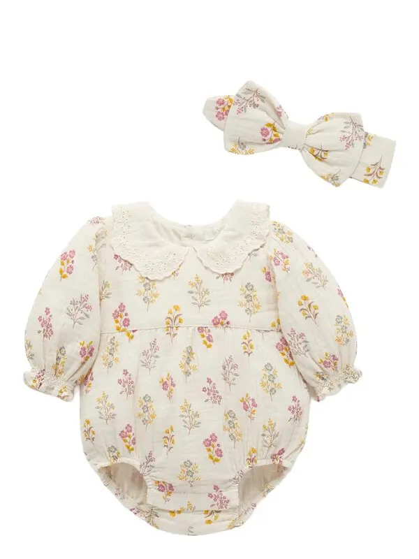 PUREBABY Crinkle Cotton Bodysuit & Headband - Posie Floral