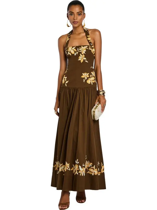 Hemant & Nandita Floral Print Halter Maxi Dress - Brown