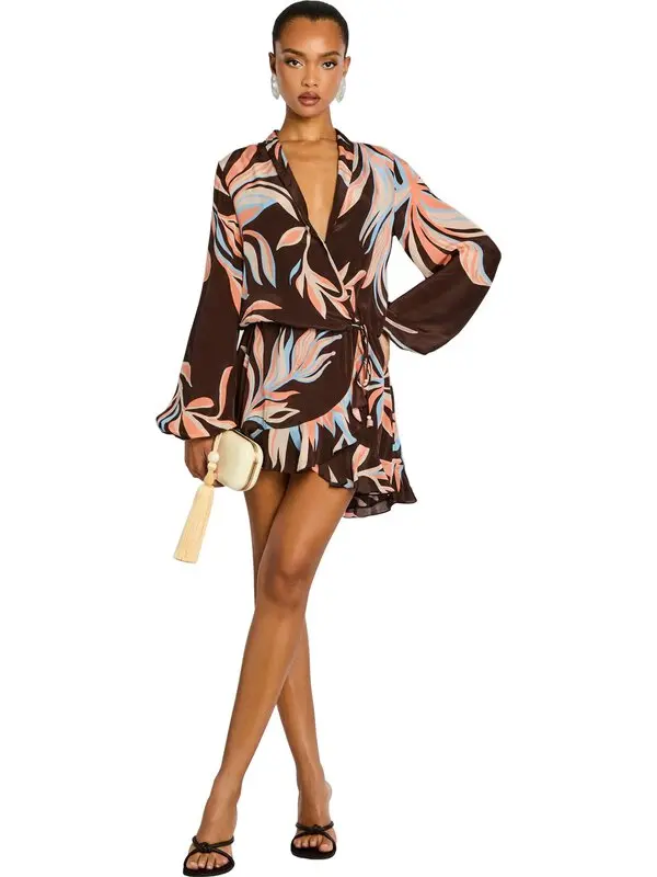Rococo Sand Floral Print Front Wrap Mini Dress - Brown
