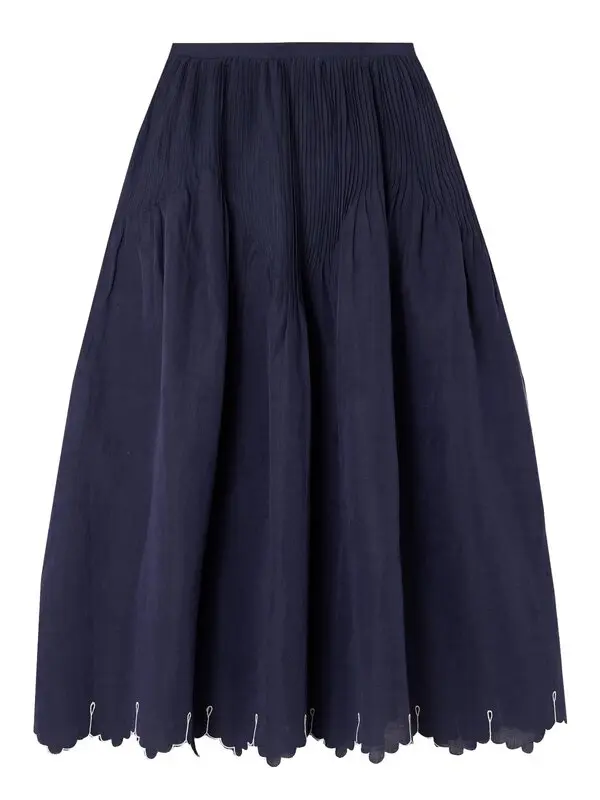 Thierry Colson Pintucked Embroidered Cotton And Linen-blend Midi Skirt - Blue