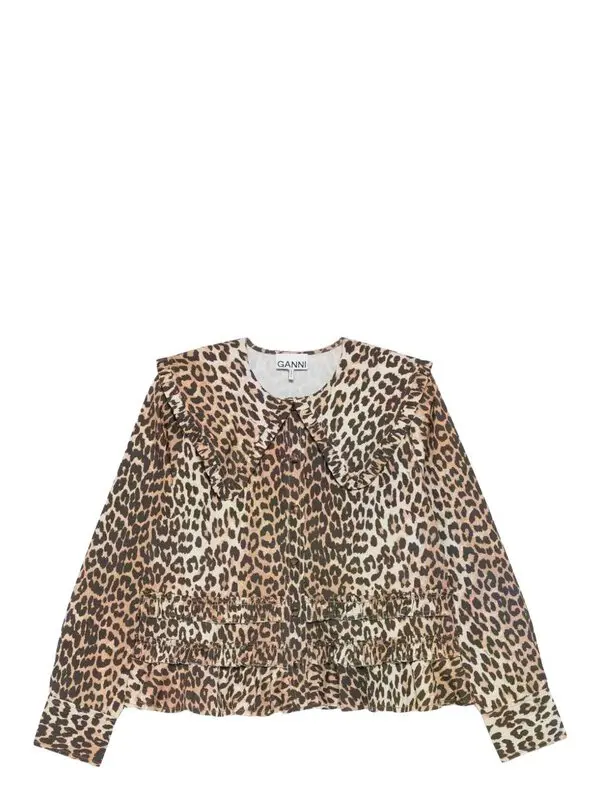 GANNI Leopard-print Ruffled Shirt - Brown