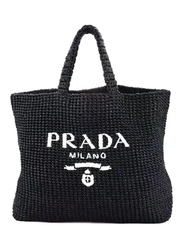 Prada Logo Raffia Large Tote Bag - Black