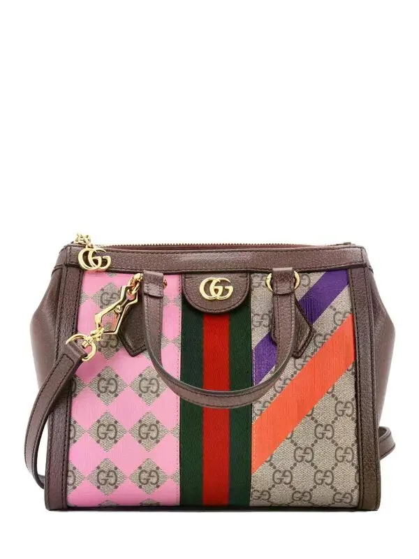 Gucci Ophidia Top Handle Tote Geometric Gg Coated Canvas Small Satchel - Brown