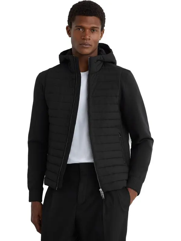 REISS Quilted Hybrid Hooded Jacket - Black