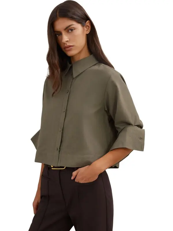 REISS Caylan Cotton And Wool Cropped Shirt - Khaki Green