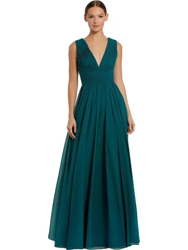 Mac Duggal Sleeveless Ruched V-neck Chiffon Gown - Teal
