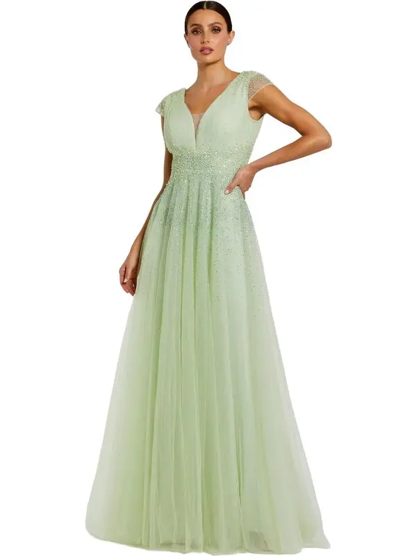 Mac Duggal Embellished Cap Sleeve V-neck Tulle Gown - Green