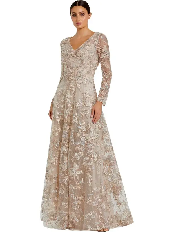 Mac Duggal Embroidered Illusion Long Sleeve V Neck Gown - Champagne