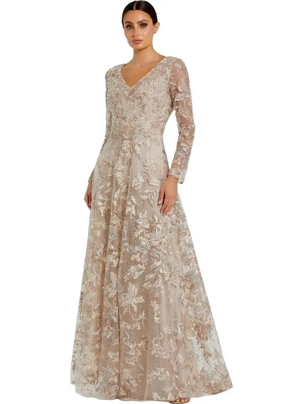 Mac Duggal Embroidered Long Sleeve A-line Gown - Neutral