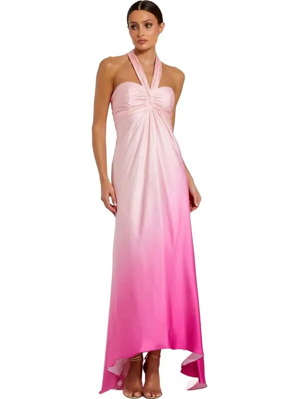 Mac Duggal Charmeuse Tie Halter Neck Ombre Gown - Pink