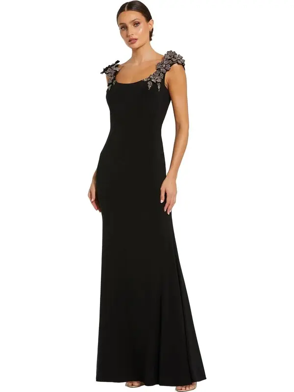 Mac Duggal Jersey Trumpet Gown With 3d Floral Appliqués - Black