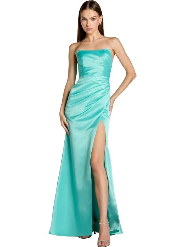 Mac Duggal Strapless Gathered High Slit Gown - Blue