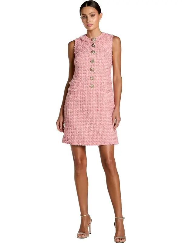 Mac Duggal Boucle Sleeveless Mini Dress With Gold Buttons - Pink