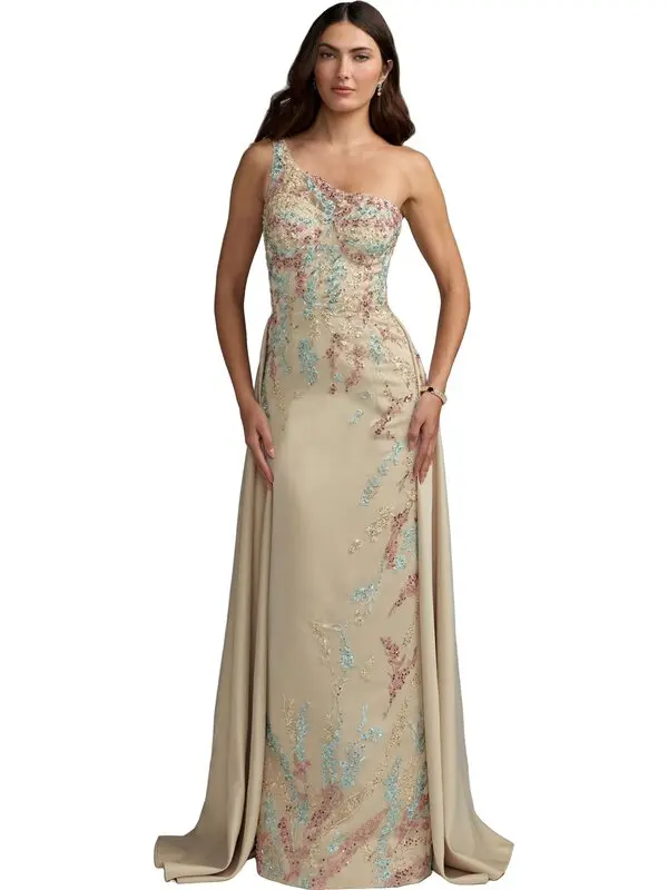 Mac Duggal Embellished One-shoulder Gown With Train - Champagne Multi