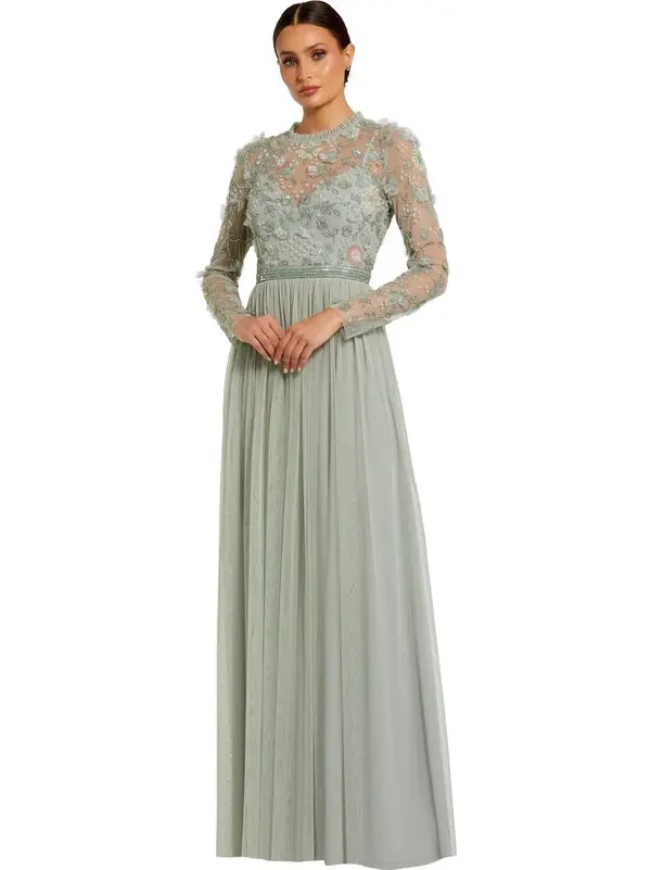 Mac Duggal Embellished Illusion High Neck Long Sleeve Gown - Green
