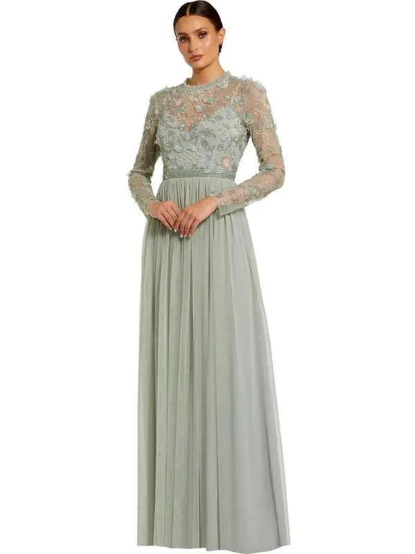 Mac Duggal Embellished Illusion High Neck Long Sleeve Gown - Green
