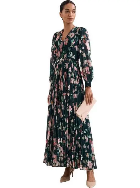 PHASE EIGHT Floral V-neck Pleated Maxi Dress - Teal