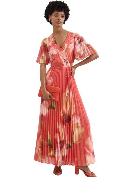 PHASE EIGHT Abigail Floral Print Maxi Wrap Dress - Orange