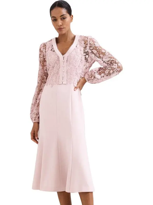 PHASE EIGHT Fit & Flare Lace Midi Dress - Pale Pink