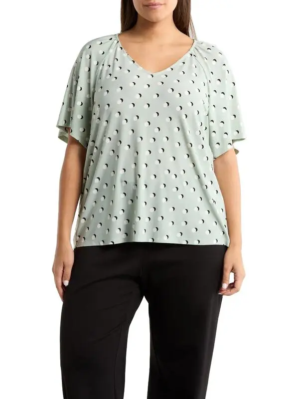 Anne Klein Dot Print V-neck Top - Soft Aloe Multi