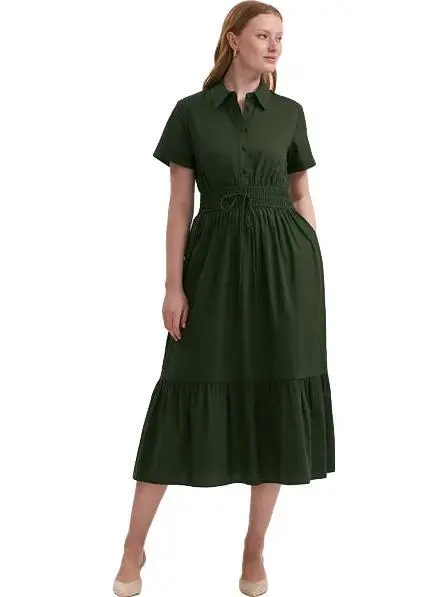 FINERY LONDON Cotton Tiered Midi Shirt Dress - Dark Khaki