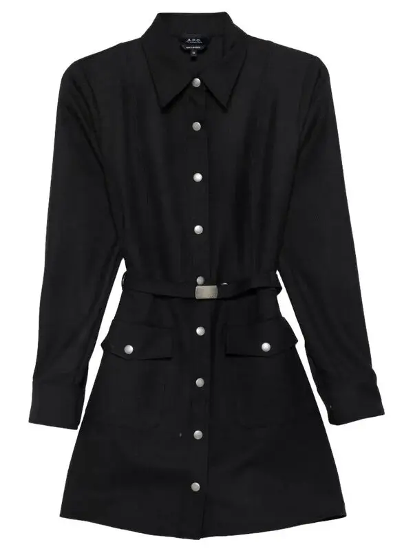 A.p.c. Buttoned Belted Mini Shirt Dress - Black