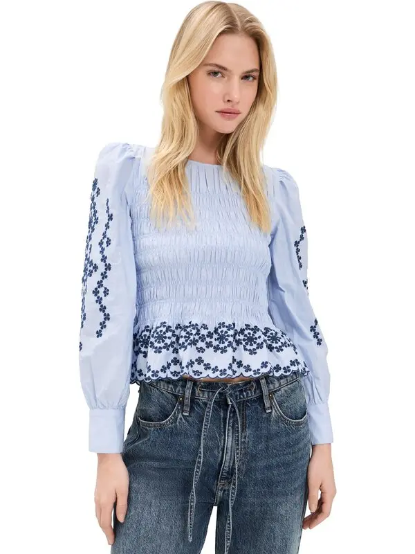 Rails Floral Embroidered Tabi Blouse - Blue Bird