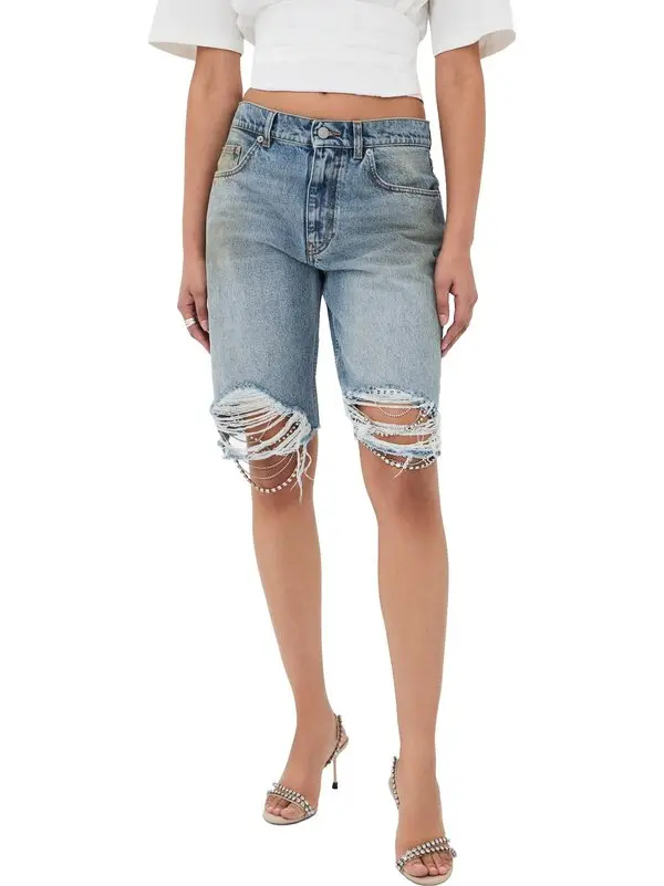 AREA Crystal Fray Denim Shorts - Medium Blue
