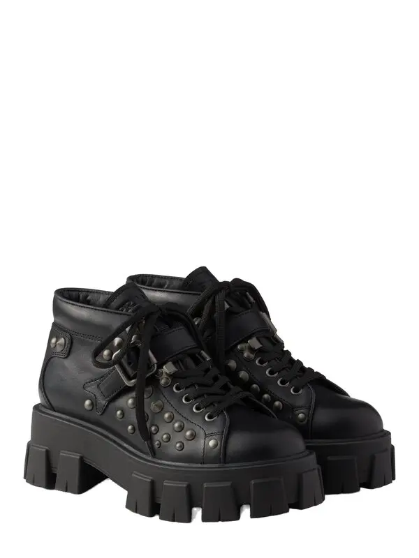Prada Monolith Studded Leather Booties - Black