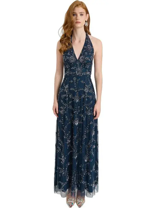 BEAUUT Embellished Halter Neck Maxi Gown - Navy