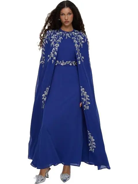 MARYISA Embellished Cape Maxi Dress - Royal Blue