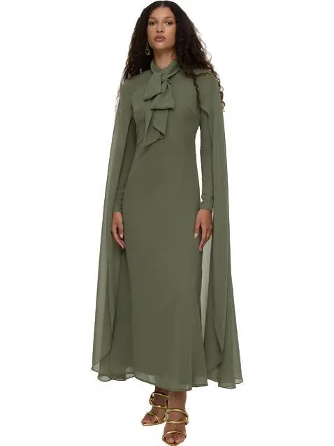 MARYISA Chiffon Maxi Dress With Cape And Bow - Olive