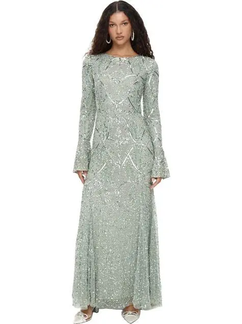 MARYISA Embellished Sequin Beaded Maxi Dress With Ribbon - Sage Green