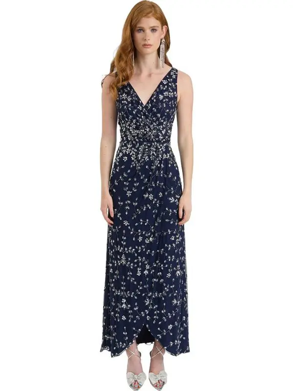 BEAUUT Embellished Sequin Beaded Maxi Dress With Wrap Bottom - Mid Night Blue