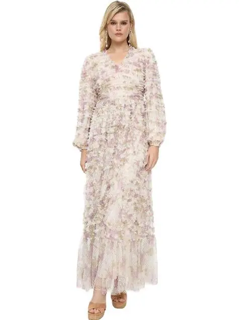 BEAUUT Ruffle Floral Mesh Maxi Dress - Cream