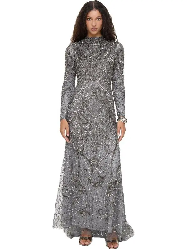 MARYISA Embellished Sequin Beaded Maxi Dress With Cowl Neck - Charcoal