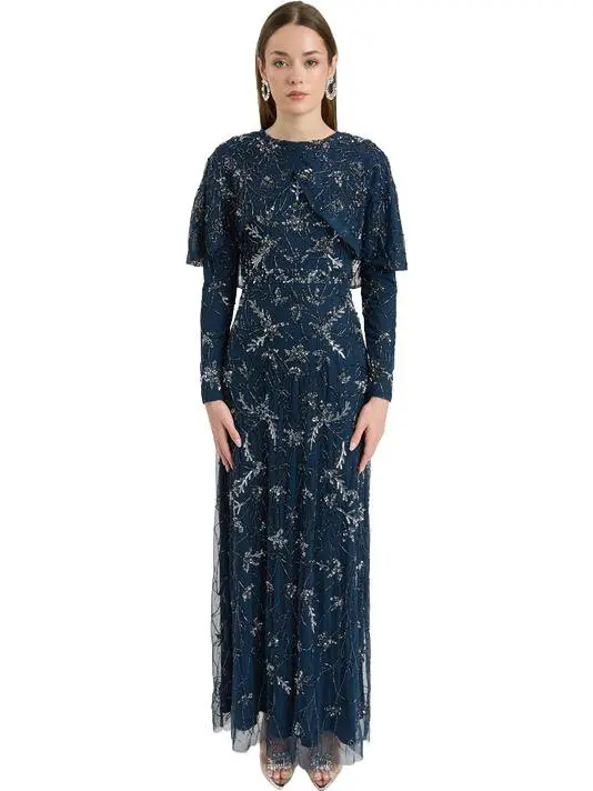 MARYISA Embellished Sequin Beaded Maxi Dress With Attached Cape - Navy