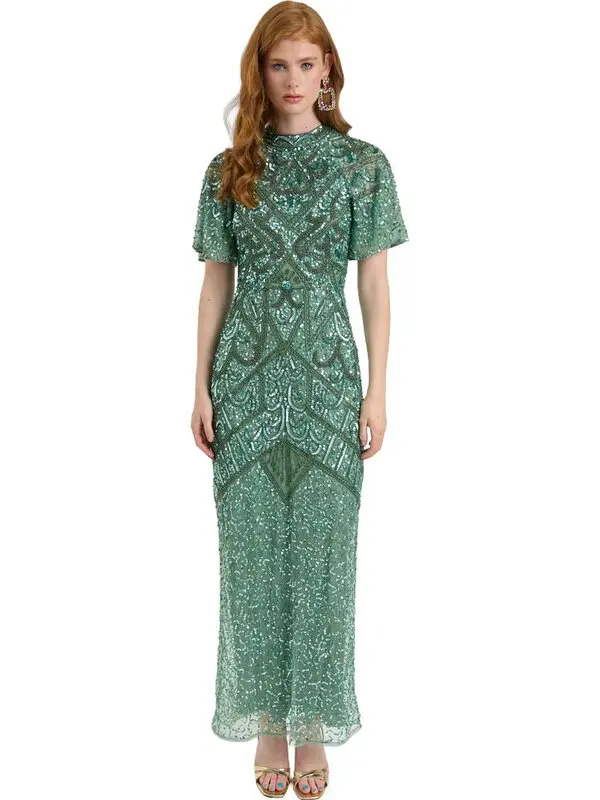 BEAUUT Embellished Sequin Beaded Maxi Dress - Green