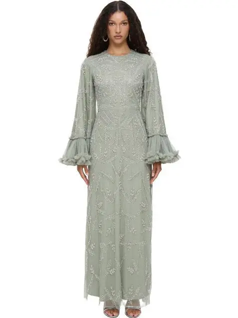 MARYISA Embellished Sequin Beaded Maxi Dress - Sage Green