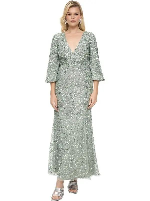 BEAUUT Embellished Sequin Beaded Maxi Gown With V-neck - Sage Green