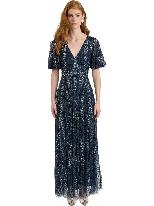 BEAUUT Embellished Sequin Beaded Maxi Dress With Flutter Sleeves - Navy